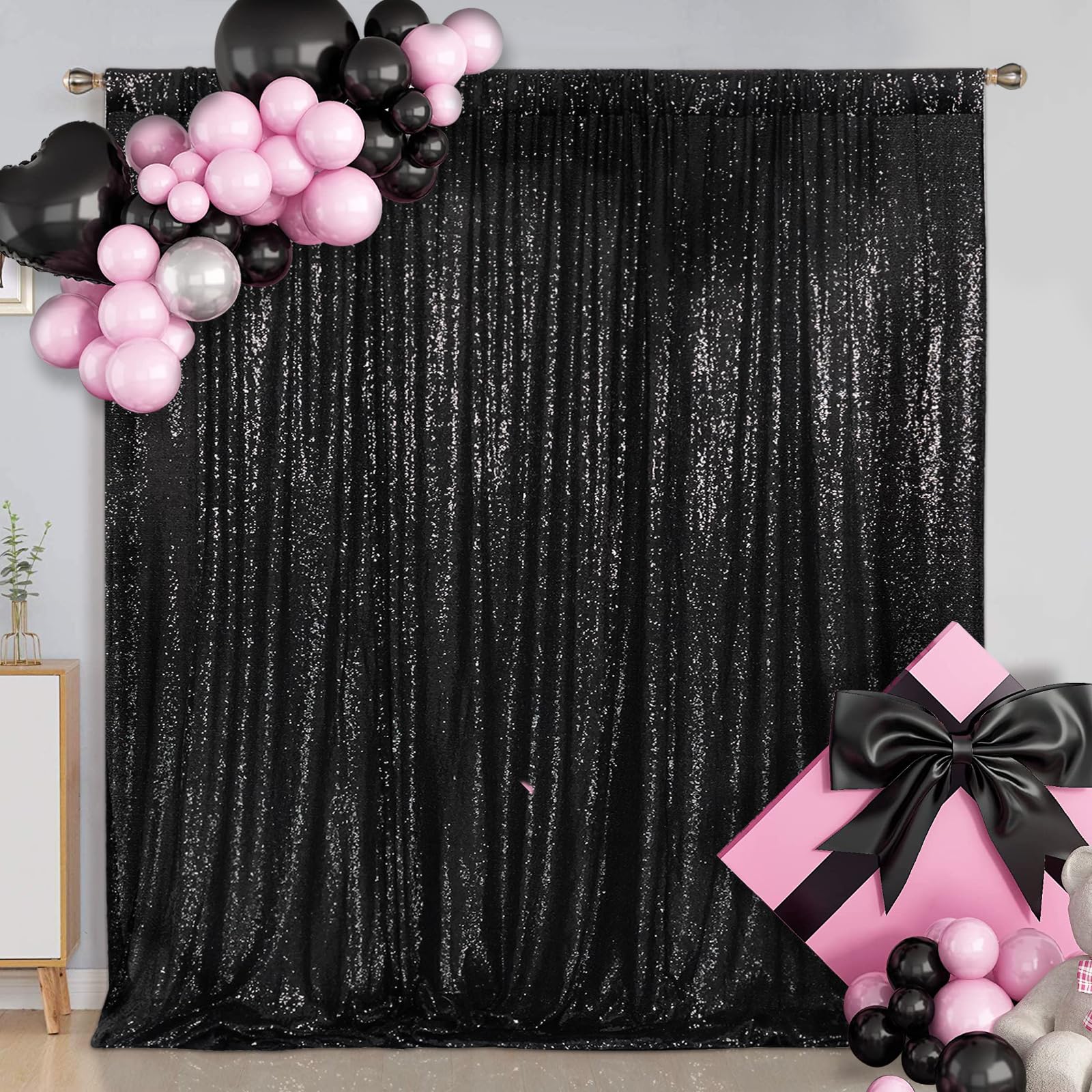 SquarePie Sequin Backdrop 6FT x 8FT Black Curtain Background for Halloween Wedding Party