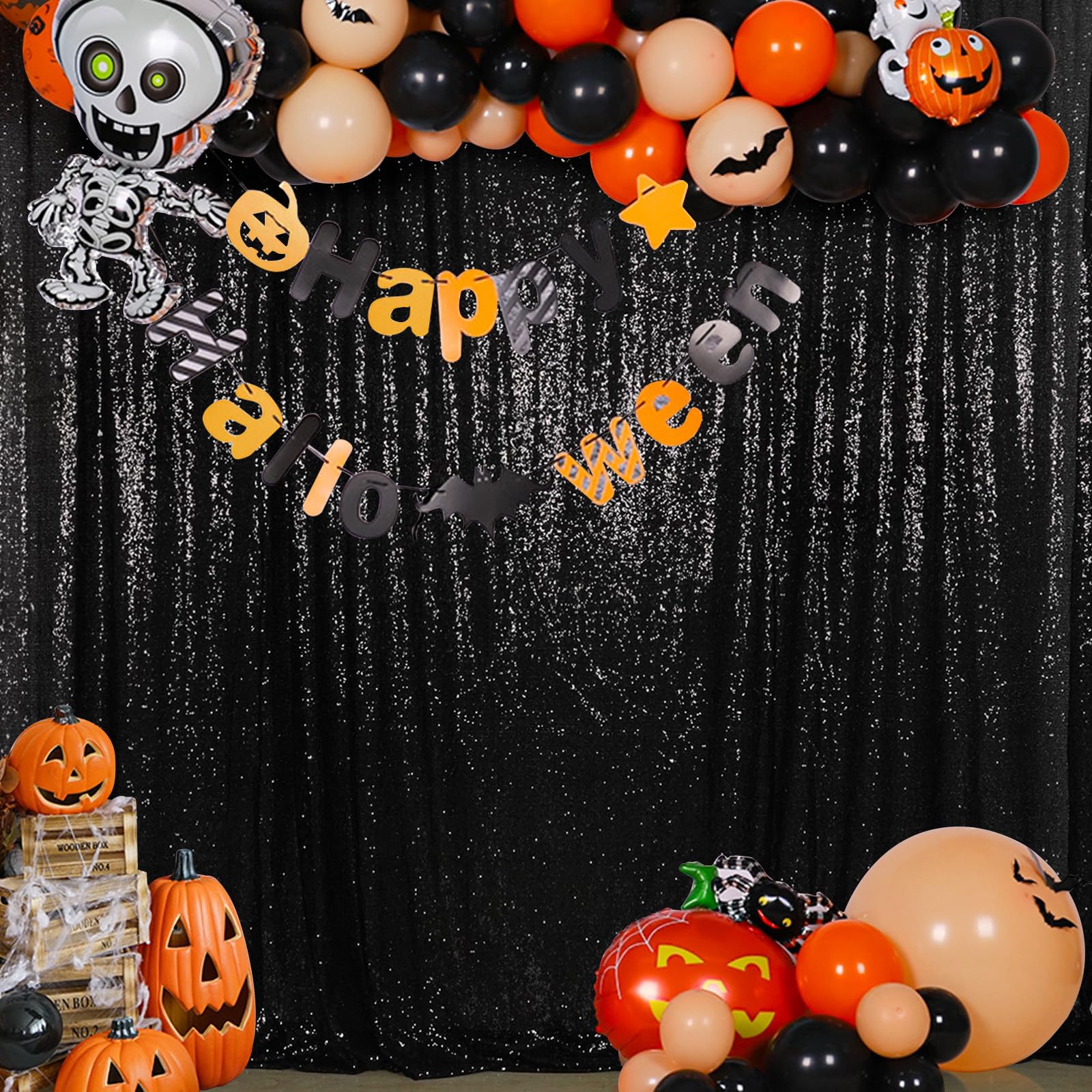 SquarePie Sequin Backdrop 6FT x 8FT Black Curtain Background for Halloween Wedding Party