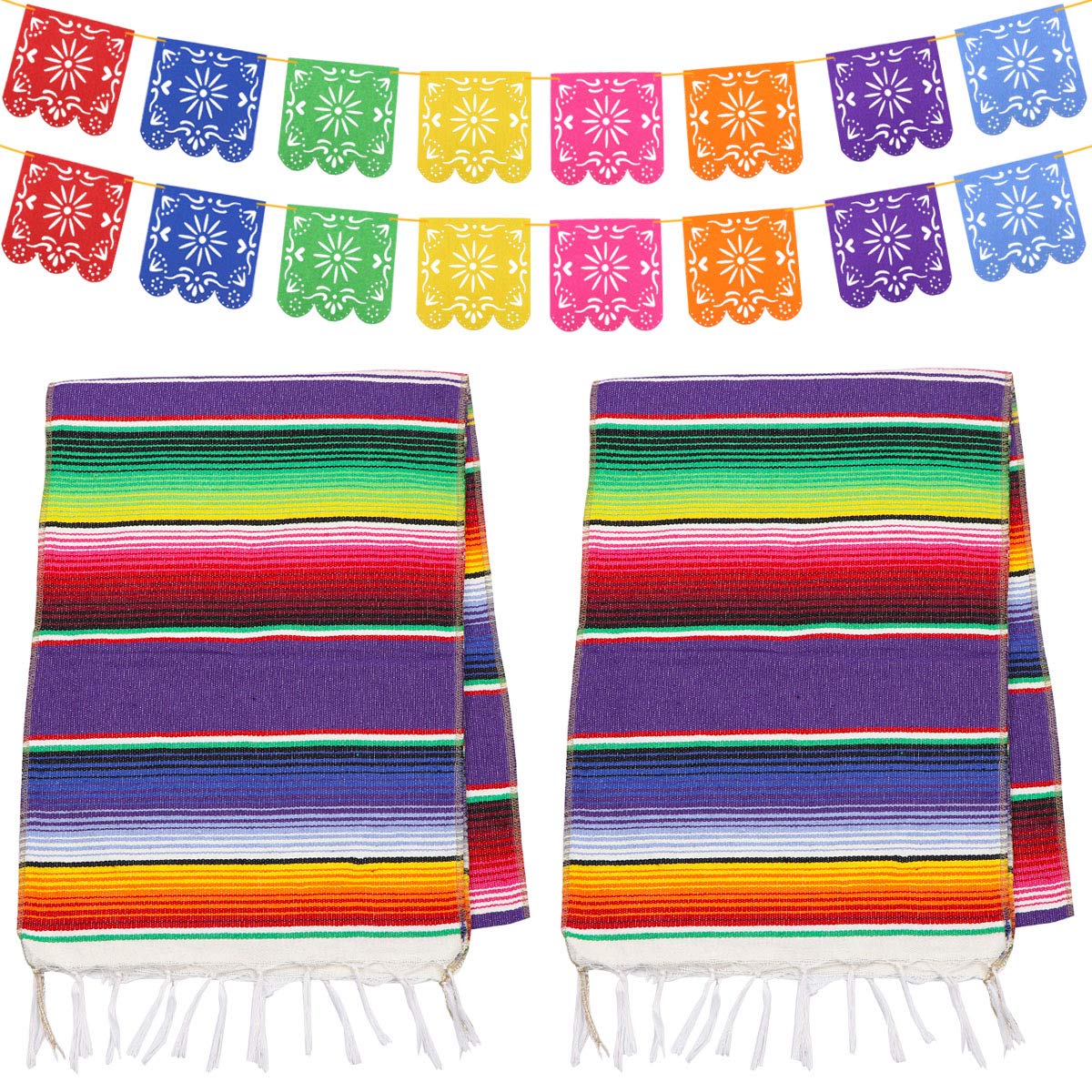 Dreamtop 2 Packs Mexican Table Runner 14 x 84 inch, Serape Table Runner for Mexican Party Wedding Decorations Outdoor Picnics Dining Table, Fringe Cotton Table Runners with 2 Pack Mexican Party Picado