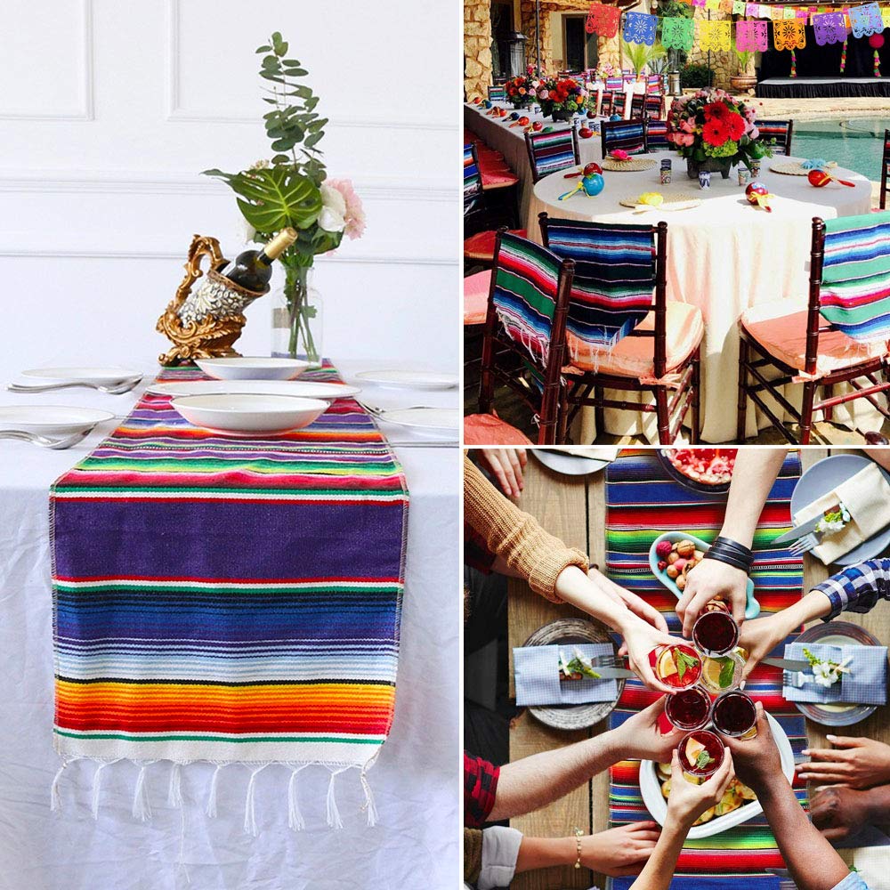 Dreamtop 2 Packs Mexican Table Runner 14 x 84 inch, Serape Table Runner for Mexican Party Wedding Decorations Outdoor Picnics Dining Table, Fringe Cotton Table Runners with 2 Pack Mexican Party Picado