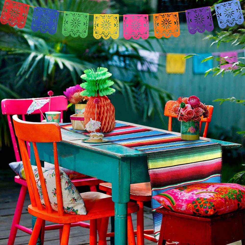 Dreamtop 2 Packs Mexican Table Runner 14 x 84 inch, Serape Table Runner for Mexican Party Wedding Decorations Outdoor Picnics Dining Table, Fringe Cotton Table Runners with 2 Pack Mexican Party Picado