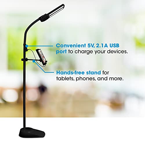 OttLite Dual Shade LED Standing Floor Lamp with Adjustable Stand - Wide Range of Illumination with Built-in 2.1A USB Charging Port and Flexible Neck - 4 Brightness Settings for Reading & Studying