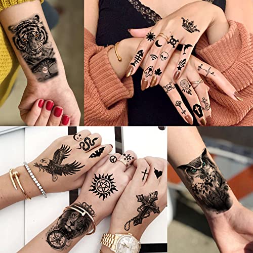 COKTAK 64 Sheets Large Black Arm Temporary Tattoos For Men Forearm Women Thigh, Half Sleeve Animals Lion Tiger Wolf Temp Tattoo Stickers Adults, Death Skull Compass Flower Fake Tattoos That Look Real