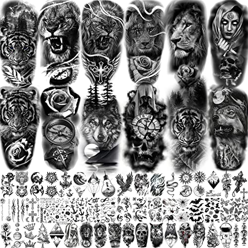 COKTAK 64 Sheets Large Black Arm Temporary Tattoos For Men Forearm Women Thigh, Half Sleeve Animals Lion Tiger Wolf Temp Tattoo Stickers Adults, Death Skull Compass Flower Fake Tattoos That Look Real