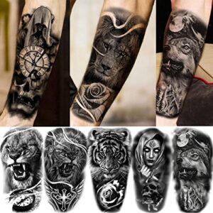 COKTAK 64 Sheets Large Black Arm Temporary Tattoos For Men Forearm Women Thigh, Half Sleeve Animals Lion Tiger Wolf Temp Tattoo Stickers Adults, Death Skull Compass Flower Fake Tattoos That Look Real