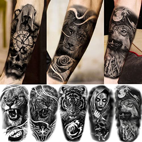 COKTAK 64 Sheets Large Black Arm Temporary Tattoos For Men Forearm Women Thigh, Half Sleeve Animals Lion Tiger Wolf Temp Tattoo Stickers Adults, Death Skull Compass Flower Fake Tattoos That Look Real