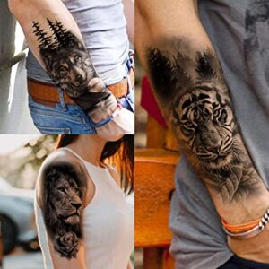 COKTAK 64 Sheets Large Black Arm Temporary Tattoos For Men Forearm Women Thigh, Half Sleeve Animals Lion Tiger Wolf Temp Tattoo Stickers Adults, Death Skull Compass Flower Fake Tattoos That Look Real