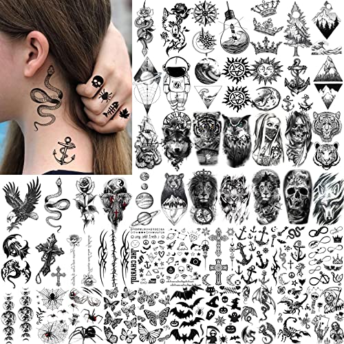 COKTAK 64 Sheets Large Black Arm Temporary Tattoos For Men Forearm Women Thigh, Half Sleeve Animals Lion Tiger Wolf Temp Tattoo Stickers Adults, Death Skull Compass Flower Fake Tattoos That Look Real