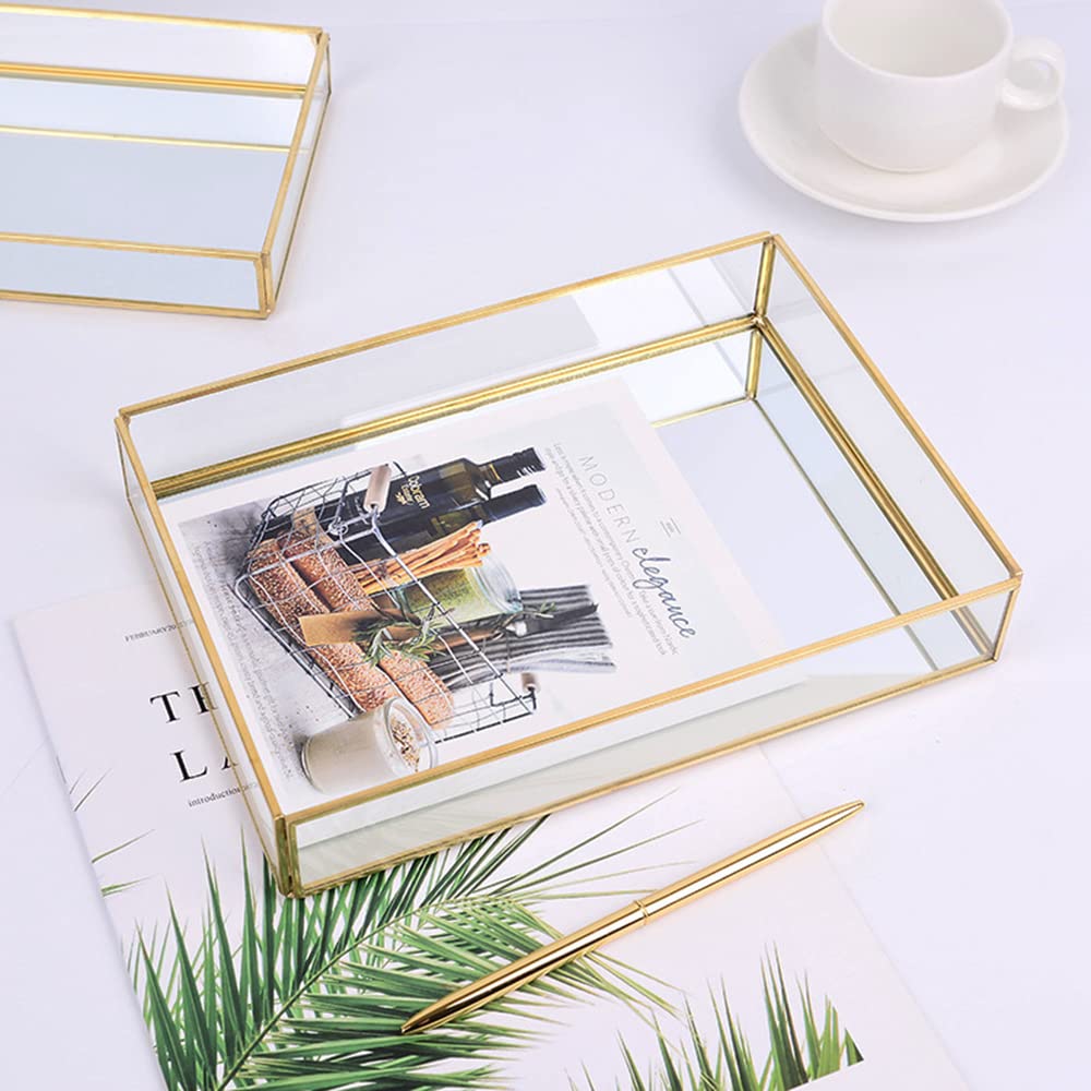 Sooyee Rectangle Mirror Decorative Tray, Gold can Hold Perfume, Jewelry, Cosmetics, Makeup, Magazine and More, for Vanity,Dresser,Bathroom,Bedroom(12”x8”)