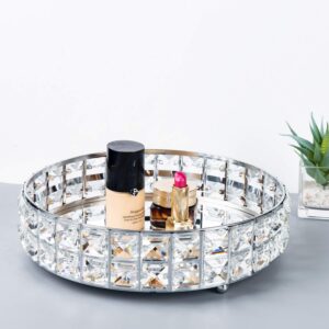 feyarl crystal perfume vanity makeup tray mirrored ornate jewelry trinket tray organizer sparkly bling cosmetic skin care decorative tray with glass bottom surface for home decor dresser desktop