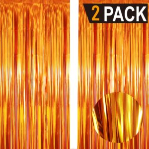 GOER 6.4 ft x 9.8 ft Metallic Tinsel Foil Fringe Curtains,Pack of 2 Party Streamer Backdrop for Birthday,Graduation Decorations and New Year Eve (Orange)