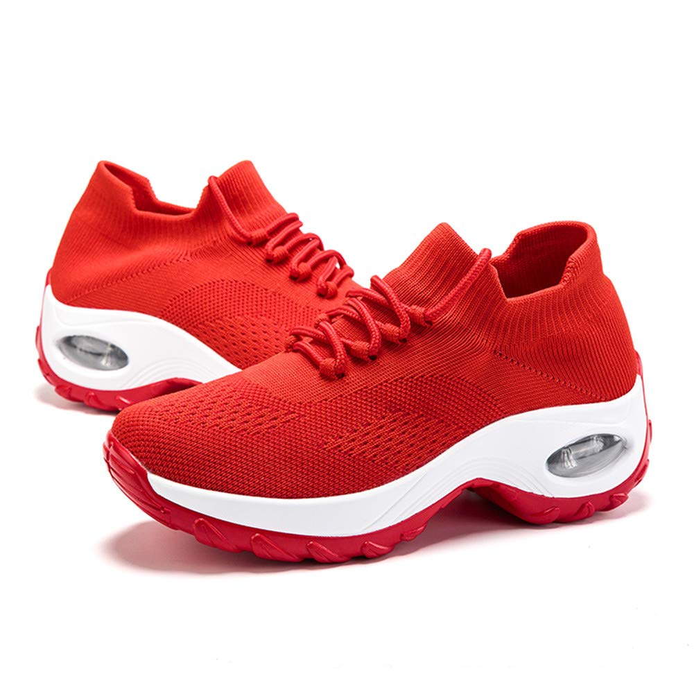 LEADER SHOW Women's Casual Walking Shoes Comfortable Non-Slip Wedge Sports Shoes Fashion Platform Sneakers (9, Red)