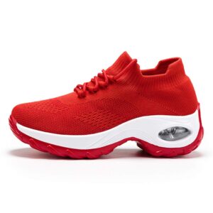 LEADER SHOW Women's Casual Walking Shoes Comfortable Non-Slip Wedge Sports Shoes Fashion Platform Sneakers (9, Red)