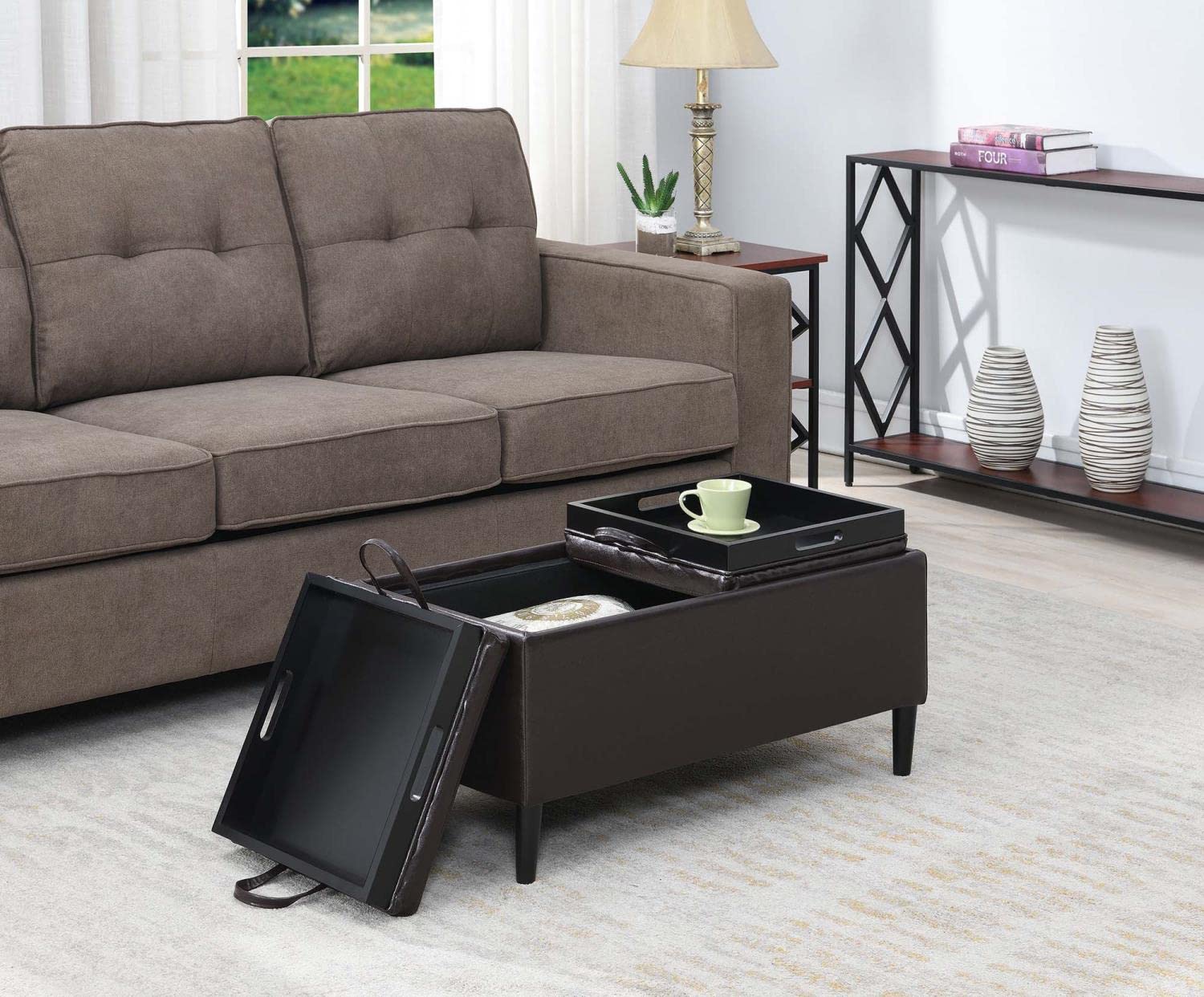 Convenience Concepts Designs4Comfort Magnolia Storage Ottoman with Reversible Trays, Espresso Faux Leather