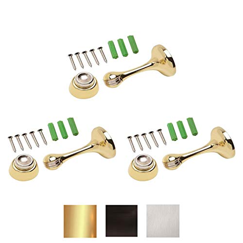 Magnetic Door Stop 3in. Catch Protects and Holds Premium-Grade (3-Pack, Bright Brass)