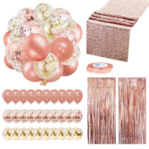 rose gold balloons party decorations supplies set 35 pack include 30 balloons, 2 foil fringe curtains, 1 rose gold sequin table runner, 2 foil ribbon for birthday party, wedding,xmas new year festival