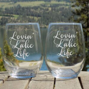 lake house decor, lake life etched wine glasses set of 2 lake house decorations for home