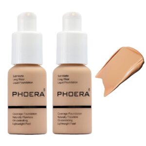 2 pack phoera foundation 104 buff beige makeup,full coverage foundation for women and girls