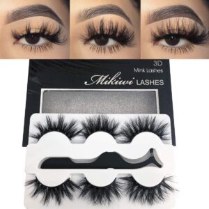 mikiwi real mink lashes, 3d mink lashes, 5d mink lashes, fluffy long mink eyelashes, dramatic lashes, luxury makeup, valentine's day gifts eyelashes (3pairs-a)