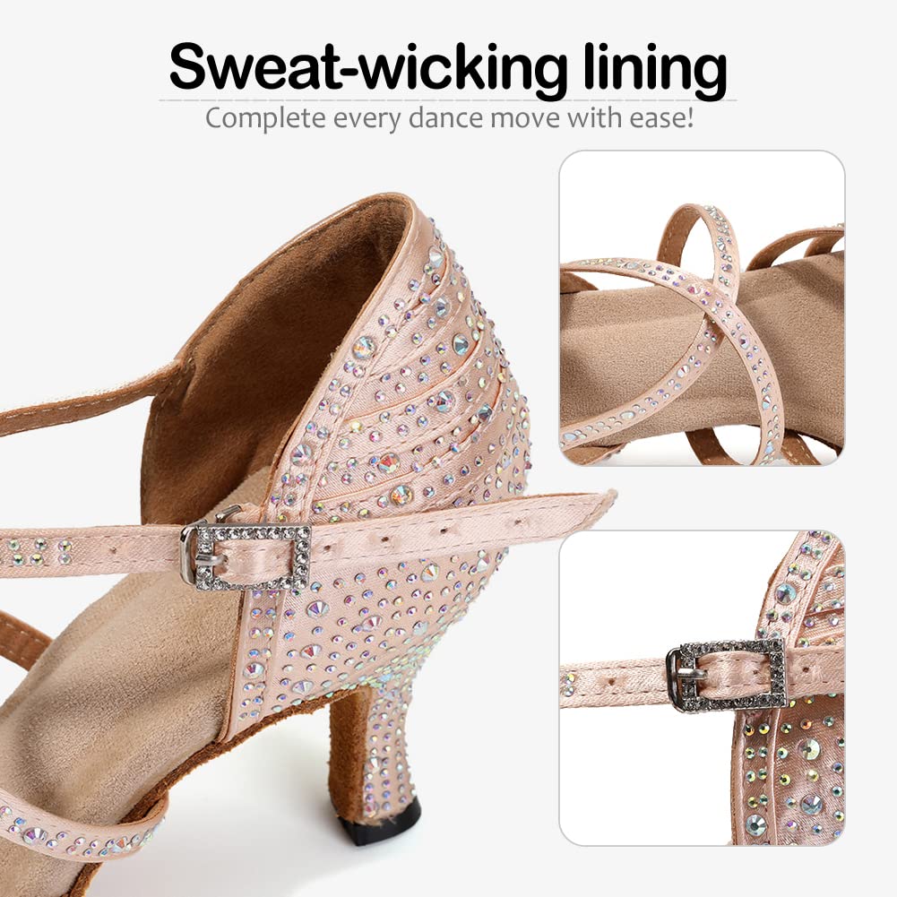 SWDZM Women's Rhinestone Dance Shoes Ballroom Latin Salsa Performance Practice Dancing Shoes,L377,Pink,Heel 3'',US 8