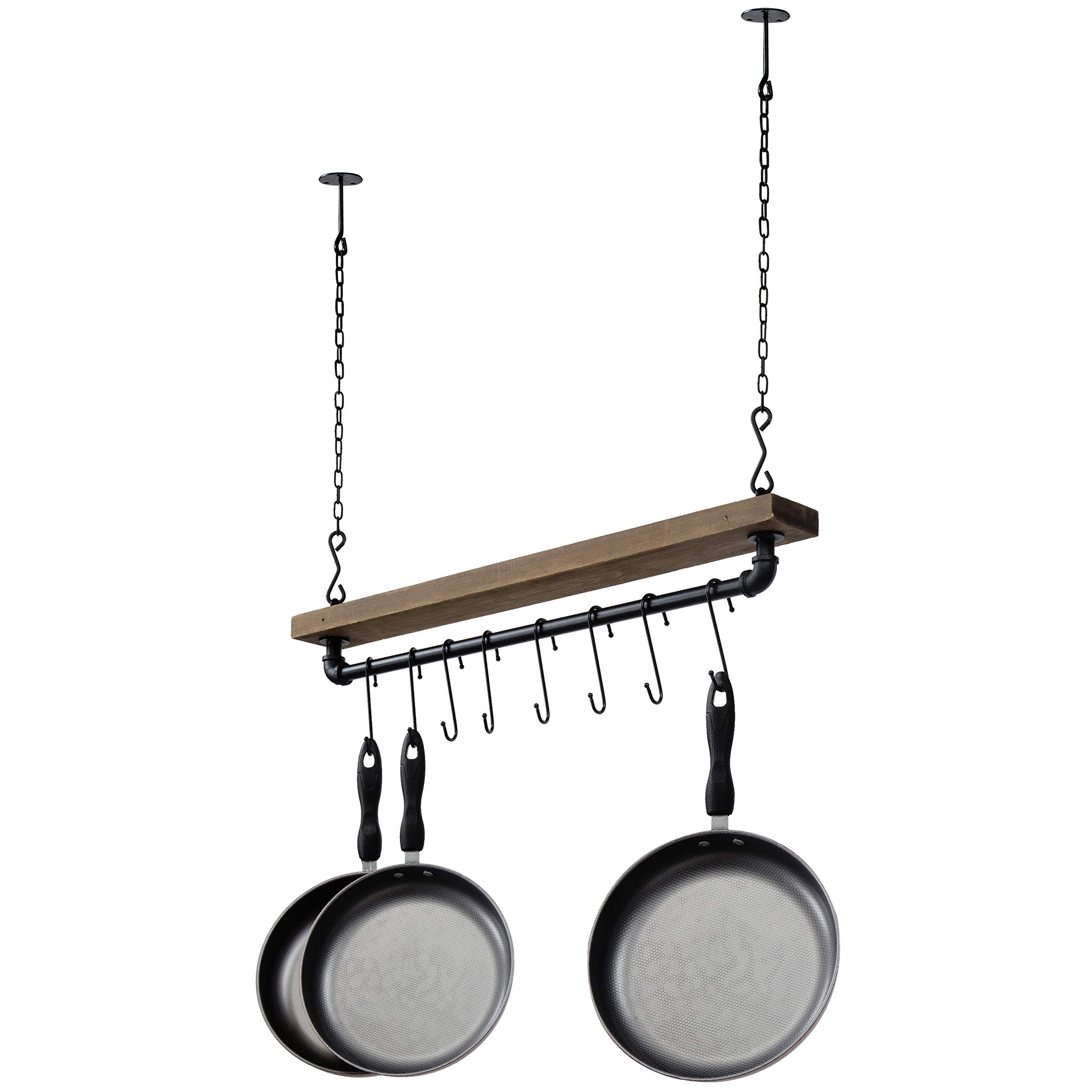 MyGift Ceiling or Wall Mounted Pot Rack with Rustic Brown Solid Wood Shelf and Industrial Matte Black Metal Pipe, Hanging Cookware Utensils Organizer with 8 S-Hooks