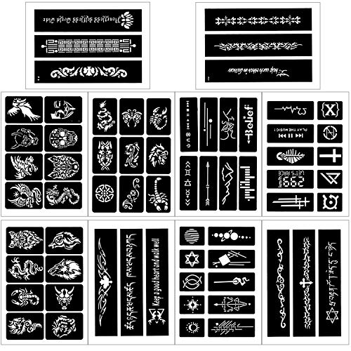 Konsait 123pcs Large Temporary Tattoos Stencils, 20 Sheets Boys and Man Glitter Tattoo Kit Templates Face Painting Stencil Body Art Stencil Pack for Adults Girls Women Kids Teenager Adultssigns