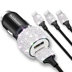 bling usb car charger 5v/2.4a white crystal decoration dual port fast adapter with 4ft nylon type c/micro usb 3-in-1 multi charging cable for iphone ipad android, car interior accessories for women