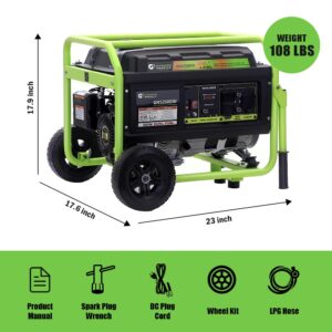 Green-Power America Portable Generator 5250 Watt Gasoline Powered, Manual Start, 12V-8.3A Charging Outlets, Home Back Up & RV Ready GN5250dw