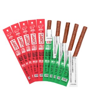 chomps grass fed beef jerky sticks, beef variety pack, 10 sticks: (5) original beef, (5) jalapeno beef…