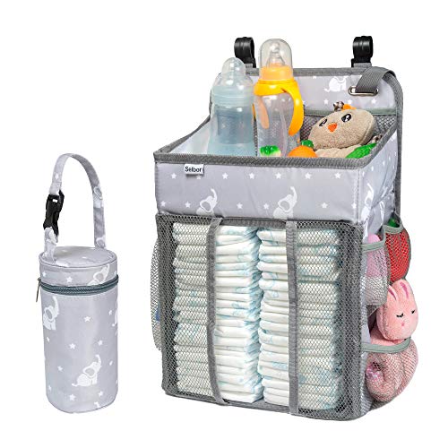 Selbor Baby Nursery Organizer and Diaper Caddy, Hanging Diaper Stacker Storage for Changing Table, Crib, Playard Wall - Baby Shower Gifts for Newborn Boys Girls (Star Elephant, Bottle Cooler Included)