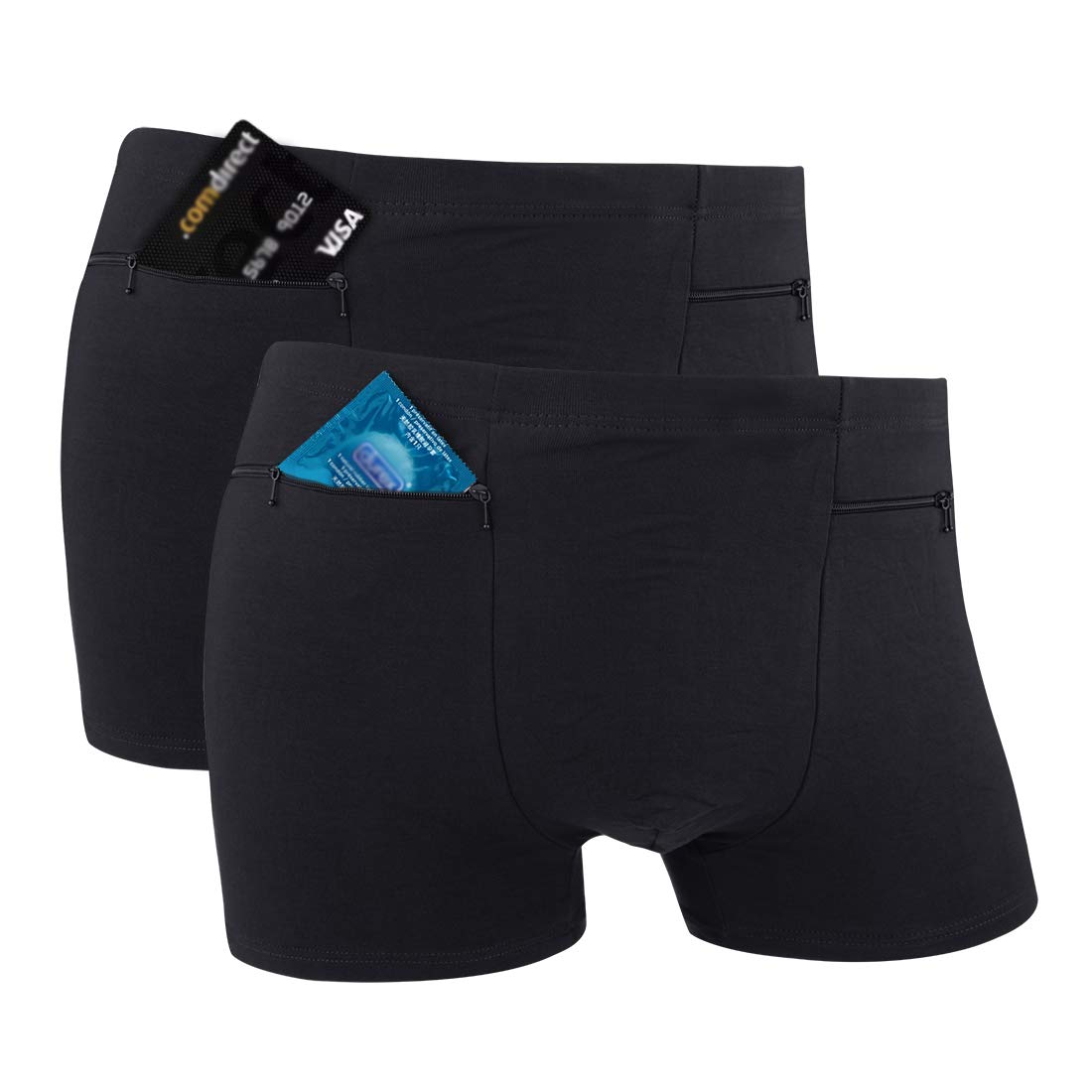 H&R Pocket Underwear for Men with Secret Hidden Pocket, Travel Stash Boxer Brief, Lager Size 2 Packs (Black)