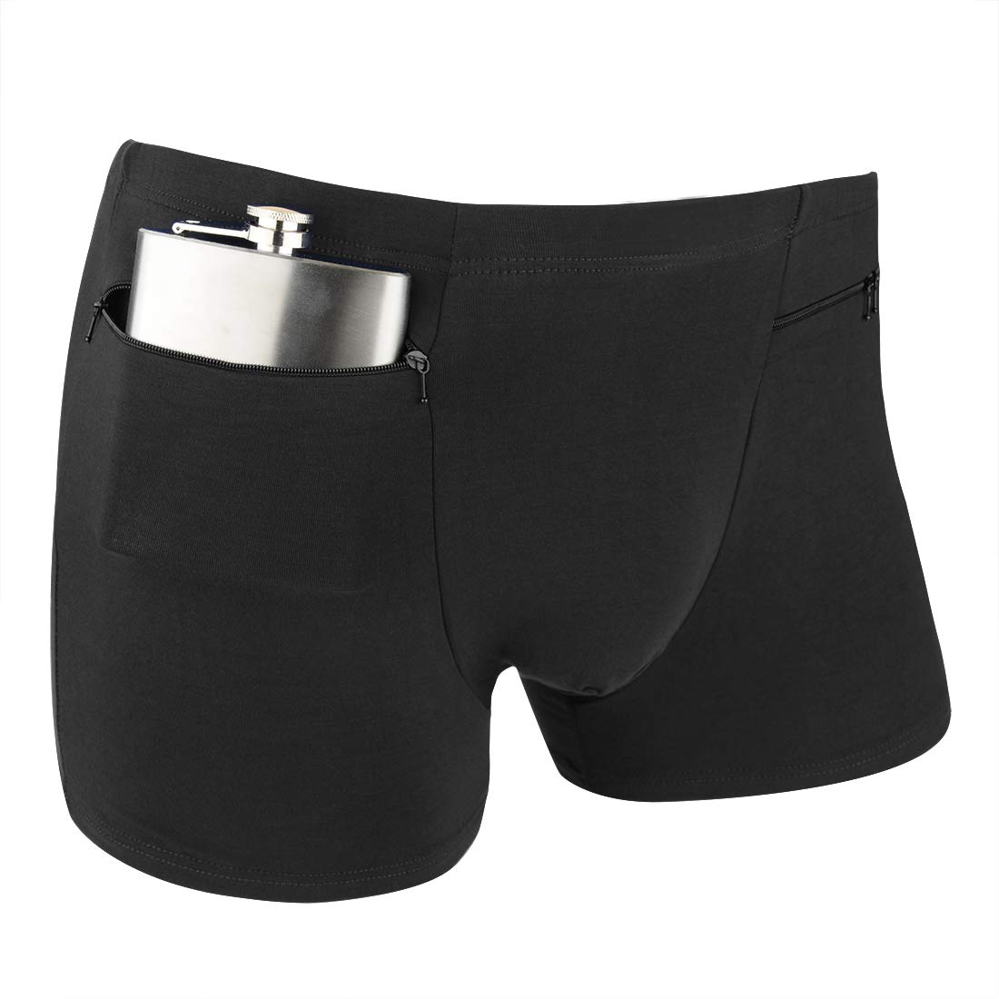 H&R Pocket Underwear for Men with Secret Hidden Pocket, Travel Stash Boxer Brief, Lager Size 2 Packs (Black)