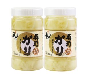 yuho pickled sushi ginger 24 oz japanese white gari sushi ginger fat free, sugar free, kosher, brc, no msg, low cal – 2 jars of 12 oz