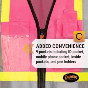 Pioneer Safety Vest for Women with Pockets - Hi-Vis Reflective Tape - for Construction - Pink