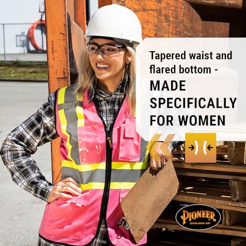 Pioneer Safety Vest for Women with Pockets - Hi-Vis Reflective Tape - for Construction - Pink