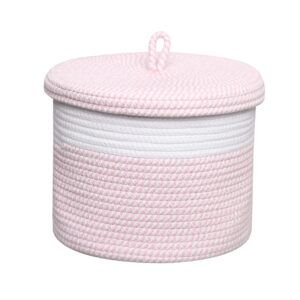 YUKIMOCOO S Size Pink Cotton Rope Basket with Lid Mini Woven Basket Cute Toy Storage Basket Towel Storage Little Organizer Pink Basket for Living Room Nursery Storage Basket Pink Basket for Girl