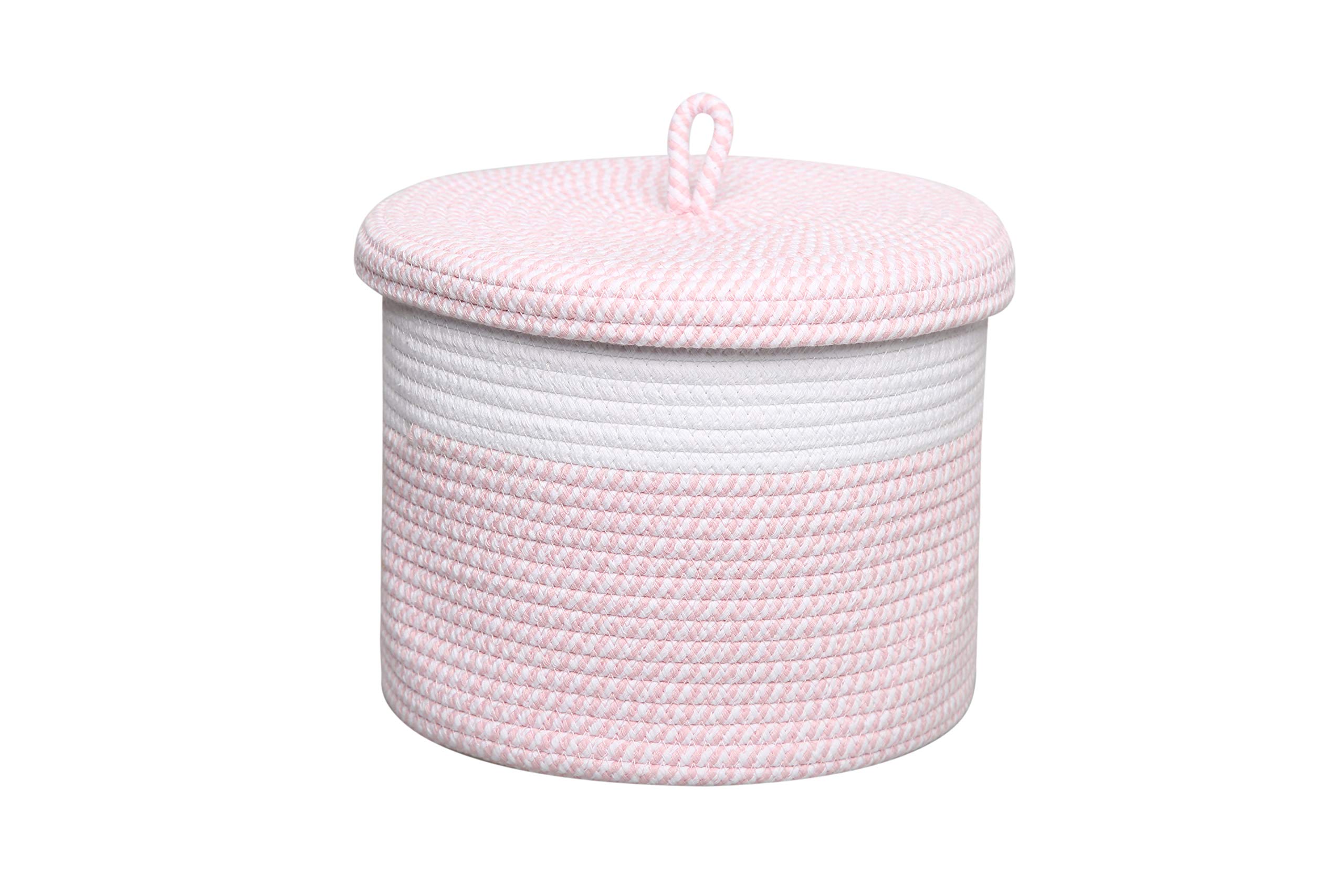 YUKIMOCOO S Size Pink Cotton Rope Basket with Lid Mini Woven Basket Cute Toy Storage Basket Towel Storage Little Organizer Pink Basket for Living Room Nursery Storage Basket Pink Basket for Girl