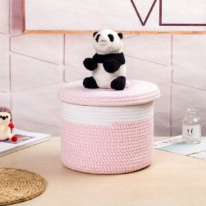 YUKIMOCOO S Size Pink Cotton Rope Basket with Lid Mini Woven Basket Cute Toy Storage Basket Towel Storage Little Organizer Pink Basket for Living Room Nursery Storage Basket Pink Basket for Girl