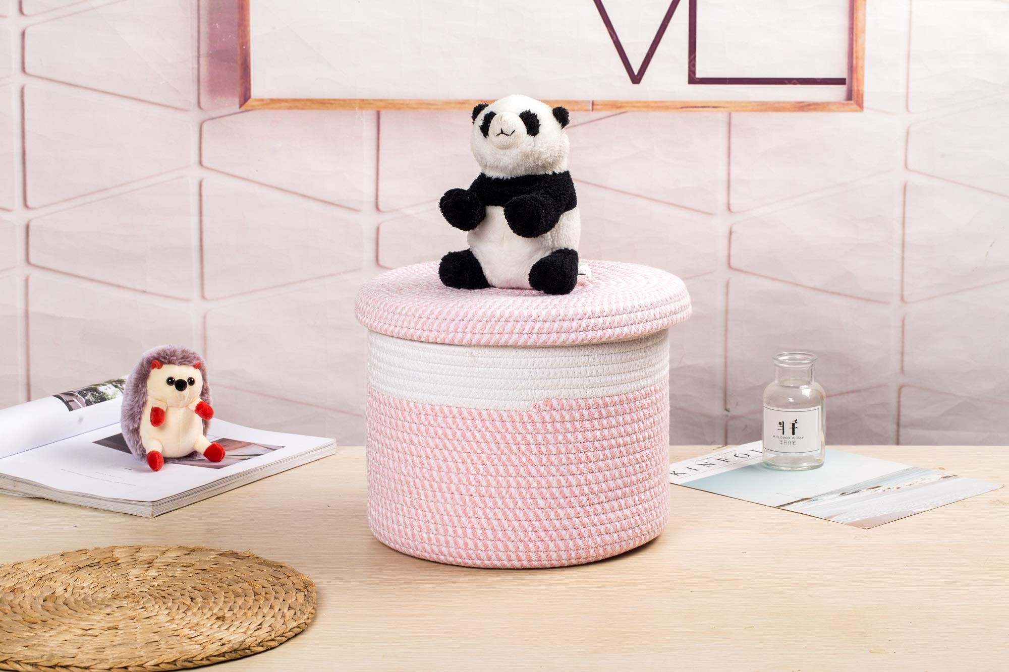 YUKIMOCOO S Size Pink Cotton Rope Basket with Lid Mini Woven Basket Cute Toy Storage Basket Towel Storage Little Organizer Pink Basket for Living Room Nursery Storage Basket Pink Basket for Girl