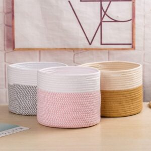 YUKIMOCOO S Size Pink Cotton Rope Basket with Lid Mini Woven Basket Cute Toy Storage Basket Towel Storage Little Organizer Pink Basket for Living Room Nursery Storage Basket Pink Basket for Girl