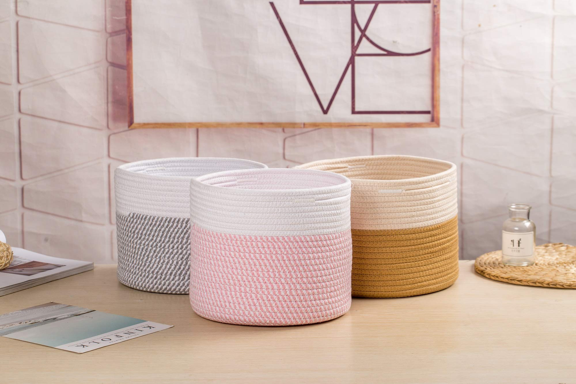 YUKIMOCOO S Size Pink Cotton Rope Basket with Lid Mini Woven Basket Cute Toy Storage Basket Towel Storage Little Organizer Pink Basket for Living Room Nursery Storage Basket Pink Basket for Girl