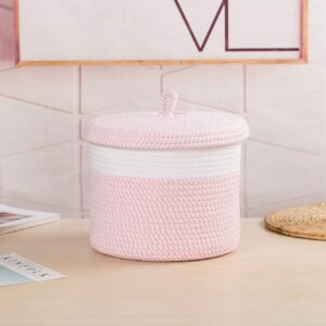 YUKIMOCOO S Size Pink Cotton Rope Basket with Lid Mini Woven Basket Cute Toy Storage Basket Towel Storage Little Organizer Pink Basket for Living Room Nursery Storage Basket Pink Basket for Girl