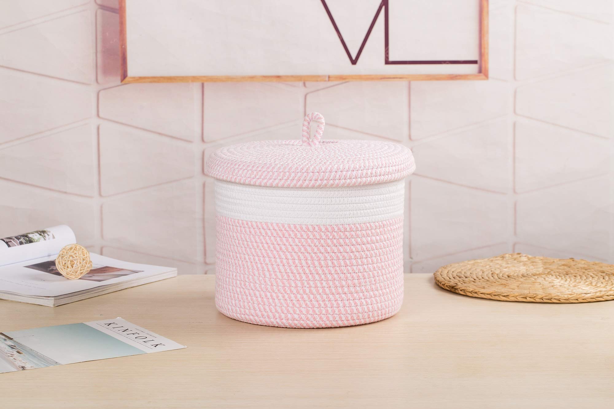 YUKIMOCOO S Size Pink Cotton Rope Basket with Lid Mini Woven Basket Cute Toy Storage Basket Towel Storage Little Organizer Pink Basket for Living Room Nursery Storage Basket Pink Basket for Girl