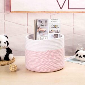 YUKIMOCOO S Size Pink Cotton Rope Basket with Lid Mini Woven Basket Cute Toy Storage Basket Towel Storage Little Organizer Pink Basket for Living Room Nursery Storage Basket Pink Basket for Girl