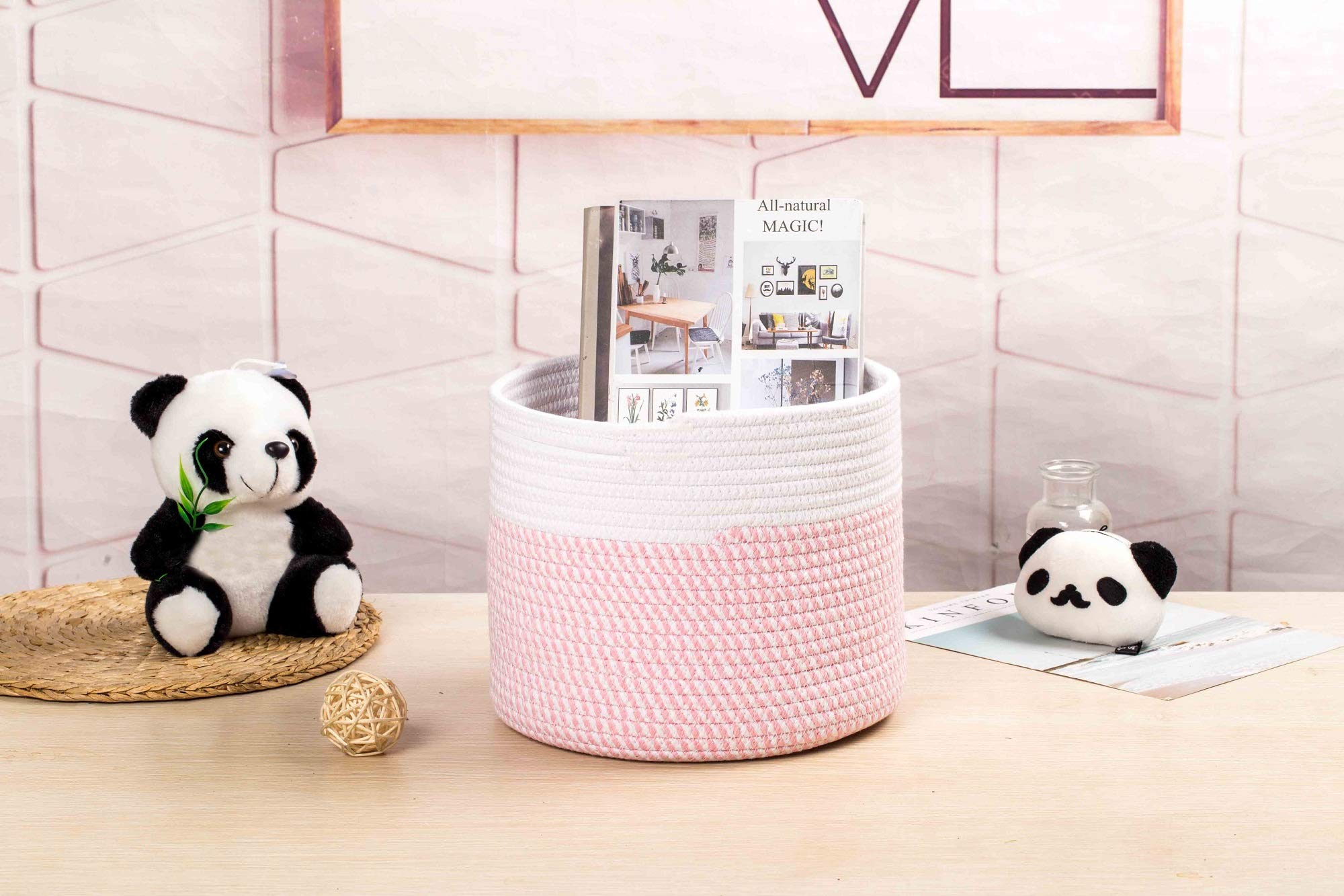 YUKIMOCOO S Size Pink Cotton Rope Basket with Lid Mini Woven Basket Cute Toy Storage Basket Towel Storage Little Organizer Pink Basket for Living Room Nursery Storage Basket Pink Basket for Girl