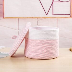 YUKIMOCOO S Size Pink Cotton Rope Basket with Lid Mini Woven Basket Cute Toy Storage Basket Towel Storage Little Organizer Pink Basket for Living Room Nursery Storage Basket Pink Basket for Girl