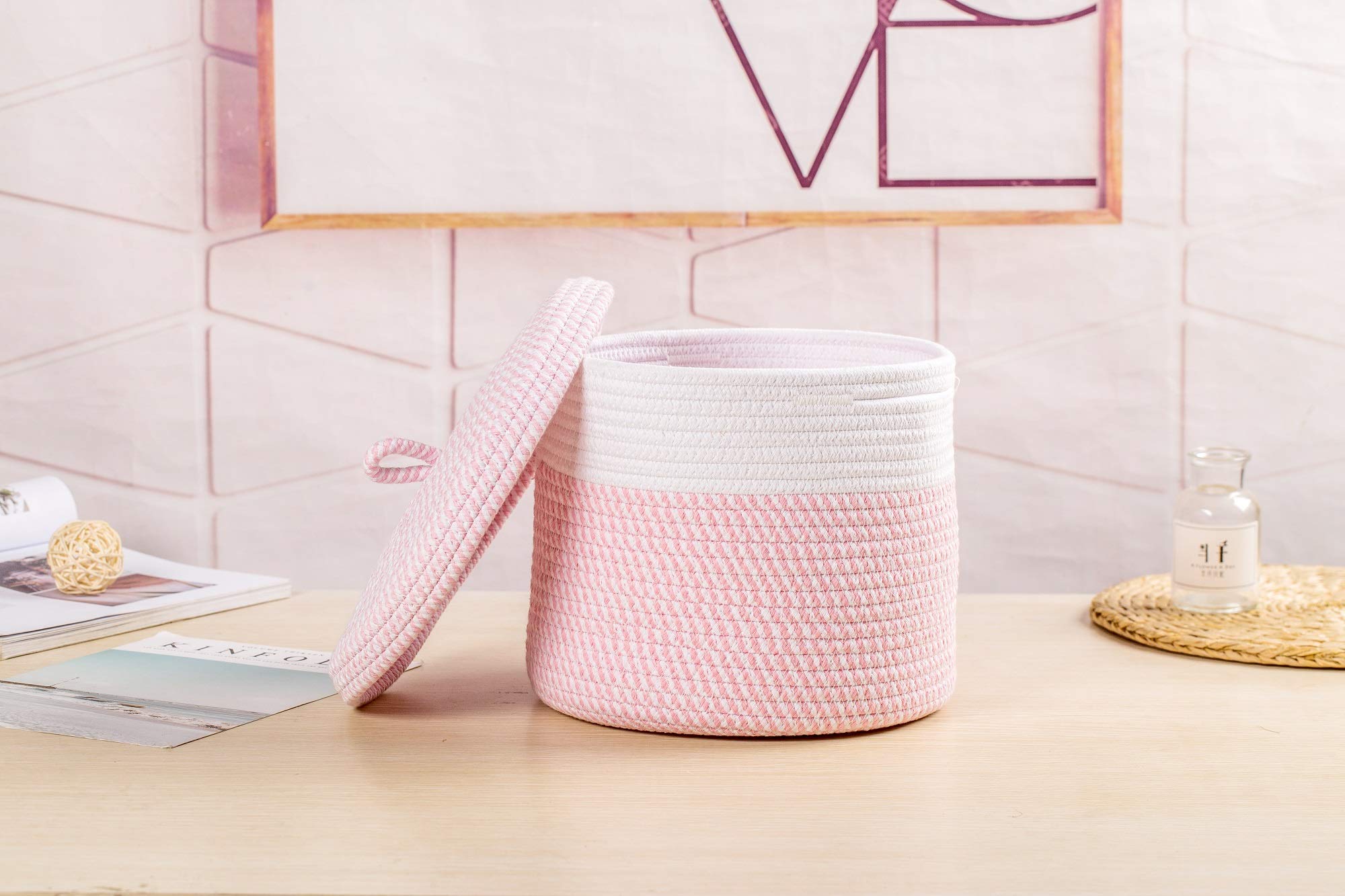 YUKIMOCOO S Size Pink Cotton Rope Basket with Lid Mini Woven Basket Cute Toy Storage Basket Towel Storage Little Organizer Pink Basket for Living Room Nursery Storage Basket Pink Basket for Girl