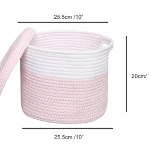 YUKIMOCOO S Size Pink Cotton Rope Basket with Lid Mini Woven Basket Cute Toy Storage Basket Towel Storage Little Organizer Pink Basket for Living Room Nursery Storage Basket Pink Basket for Girl