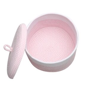 YUKIMOCOO S Size Pink Cotton Rope Basket with Lid Mini Woven Basket Cute Toy Storage Basket Towel Storage Little Organizer Pink Basket for Living Room Nursery Storage Basket Pink Basket for Girl