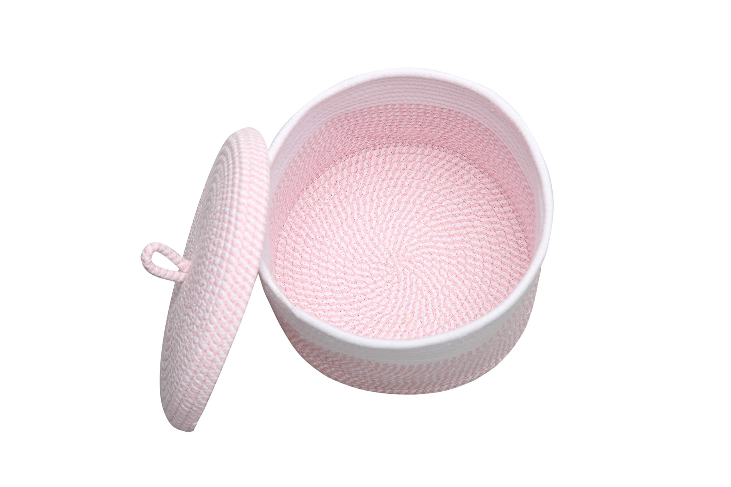 YUKIMOCOO S Size Pink Cotton Rope Basket with Lid Mini Woven Basket Cute Toy Storage Basket Towel Storage Little Organizer Pink Basket for Living Room Nursery Storage Basket Pink Basket for Girl